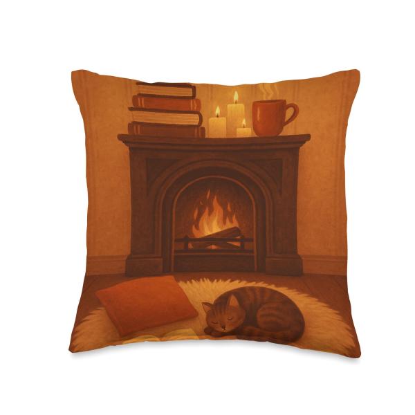 ・Create a snug autumn atmosphere with this illustration of a glowing fireplace surrounded by pumpkins and flickering can...