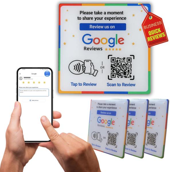 ・NFC-enabled sign for Google review collection. Customers tap their smartphone to access review page. Suitable for resta...