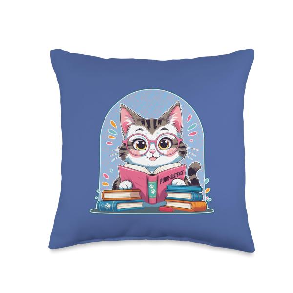 ・For cozy readers and cat lovers. This design features a kawaii kitty with glasses, stacks of books, and a pink "Purr-si...