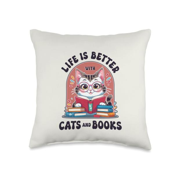 ・For cozy book lovers. This design features an adorable cat with glasses, stacks of books, and the sweet phrase "Life is...