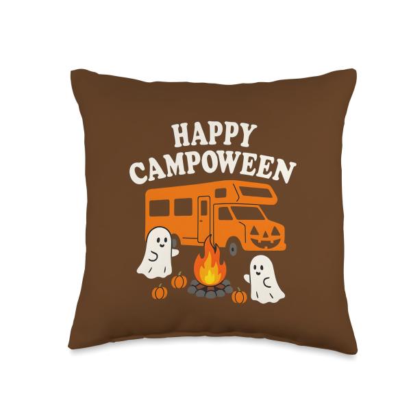 ・Unique beautiful fun Happy Campoween design with a pumpkin-shaped motorhome, cozy campfire, spooky ghosts and pumpkins....