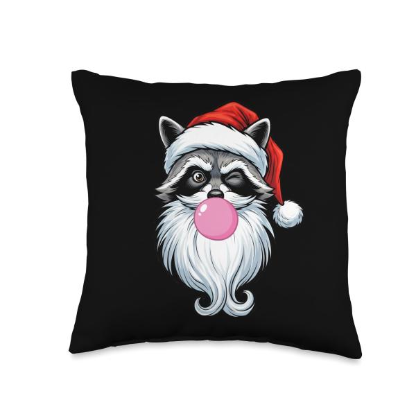 ・Playful raccoon dressed as Santa with flowing white beard, winking and blowing a pink bubble for a humorous holiday twi...