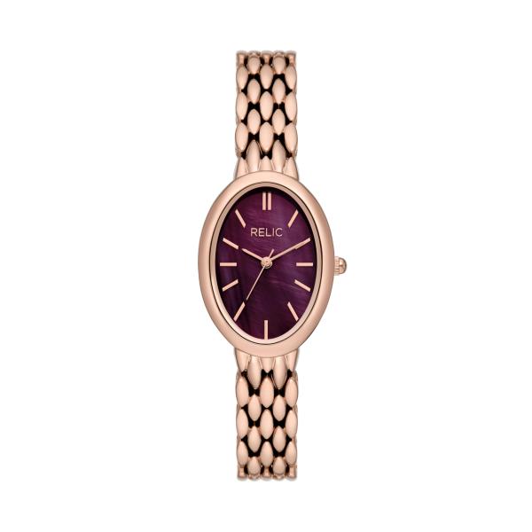・An oval rose gold-tone case frames a purple mother-of-pearl dial, creating a striking focal point. The rose gold-tone b...