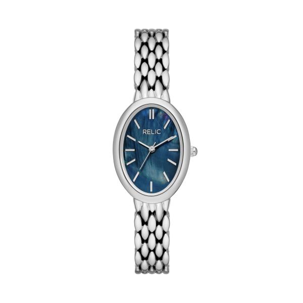 ・The oval silver-tone case complements the silver-tone bracelet, while the blue mother-of-pearl dial introduces a delica...