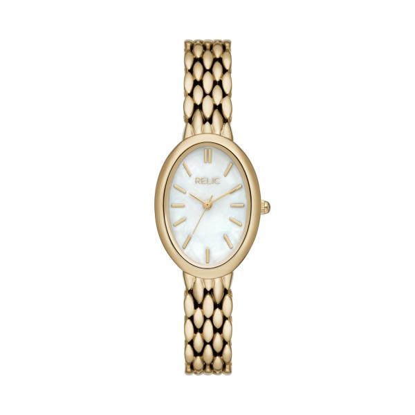 ・The oval gold-tone case is complemented by a coordinated bracelet with a golden finish, and the white mother-of-pearl d...