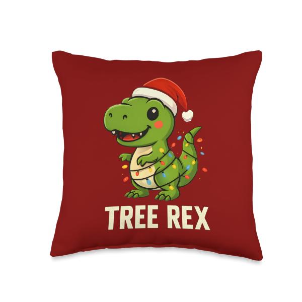 ・Funny cute and festive Tree Rex Christmas pun artwork with a happy Trex dinosaur in a Santa hat wrapped in holiday ligh...