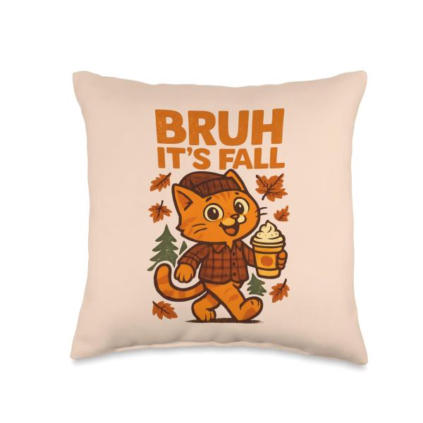 ・Funny unique and beautiful Bruh It's Fall design featuring cute orange cat in flannel shirt and beanie holding pumpkin ...