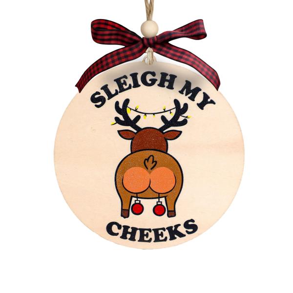 ・Cheeky Holiday Humor: Bring laughter to your festive d〓cor with this hilarious "Sleigh My Cheeks" reindeer ornament - t...