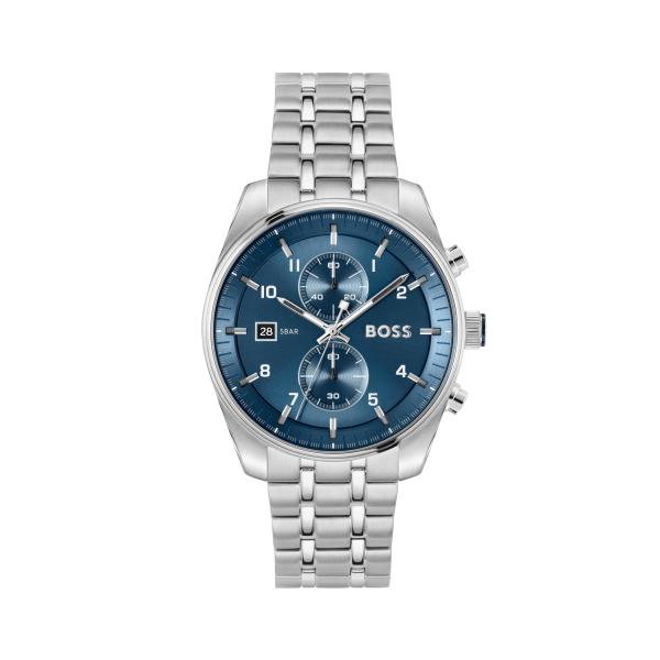 ・The BOSS Skytraveller is a sporty pilot's watch with a date function. It features a diamond-cut reflector ring, CD-cut ...