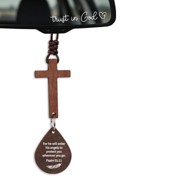・Psalm 91:11 Scripture Design: This cross for car mirror hanging is beautifully printed with the powerful verse Psalm 91...