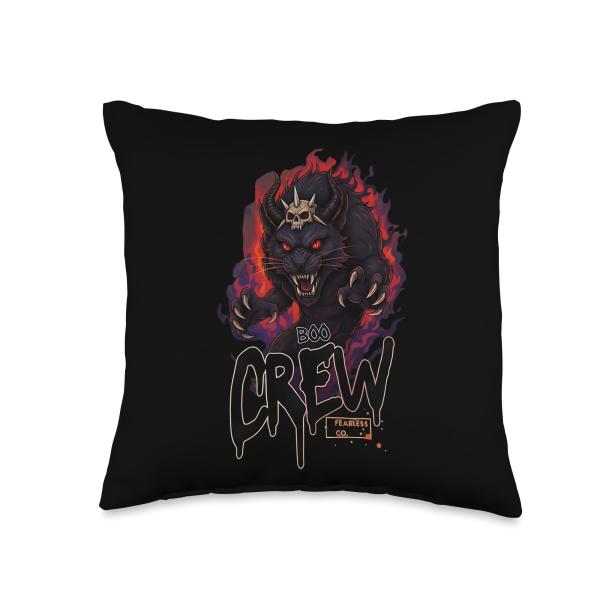 ・Boo Crew black cat graphic with red glowing eyes, sharp fangs ＆ green spectral flames perfect for Halloween lovers, hor...