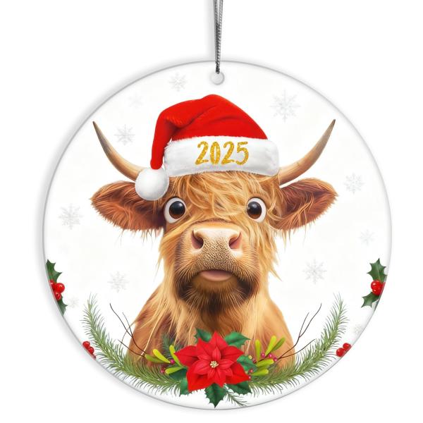 ・Adorable Highland Cow Design - This highland cow ornament features a cute cow wearing a Santa hat and surrounded by fes...