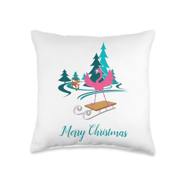 ・Pink flamingo snow sledding through pine tree forest with baby reindeer running along behind. Seasonal outdoor winter a...