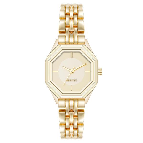 ・Case diameter: 28mm; mineral crystal lens・Light champagne textured dial with gold-tone hands and markers・Gold-tone adju...