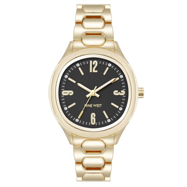 ・Case diameter: 33mm; mineral crystal lens・Black textured dial with white filled gold-tone hands, Arabic numerals and ge...