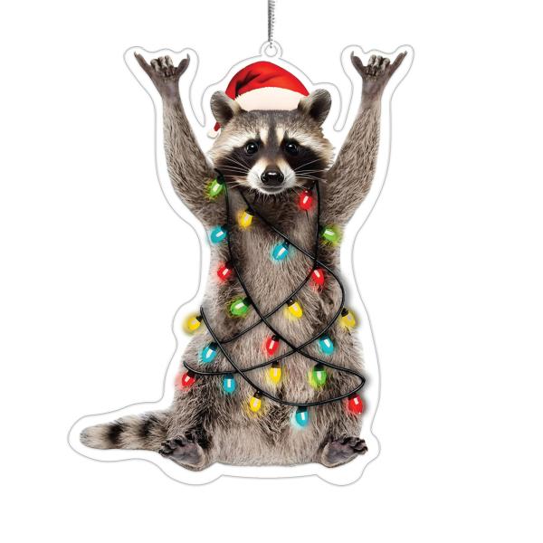 ・? Playful Holiday Design: A cute raccoon wrapped in colorful Christmas lights, ready to bring a big smile to your holid...