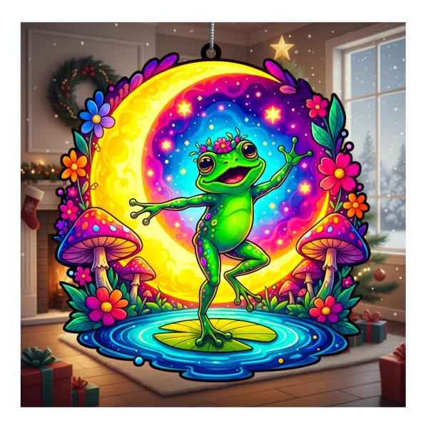 ・Vibrant ＆ Joyful Design - Features a dancing frog under a glowing crescent moon surrounded by colorful mushrooms and fl...
