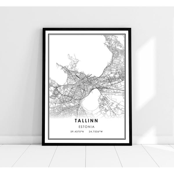 ・Minimalist black-and-white Tallinn city map design on canvas for modern home decor・Framed wall art with a black frame a...