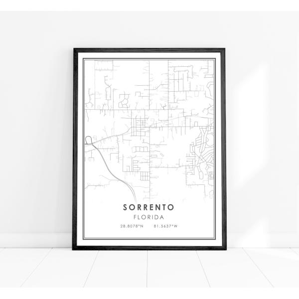 ・Minimalist Sorrento map design with precise line work・Canvas print mounted in a slim black frame for a ready-to-hang lo...