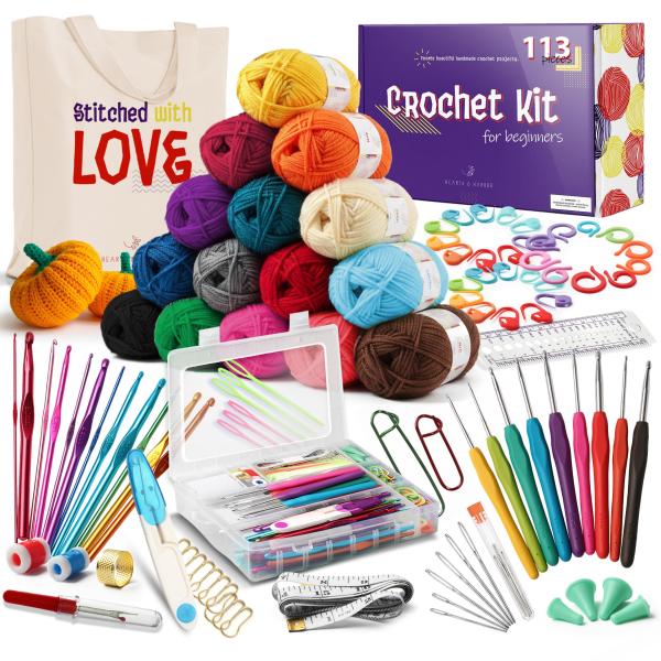 ・大人と子供向けのオールインクルーシブ初心者かぎ針編みキット - この完全なかぎ針セットには、カラフルな糸かせ15個(各100ヤード)、かぎ針フック21個(2mm〜8mm)、スプリットリングステッチマーカー10本、ロックステッチマーカー10...