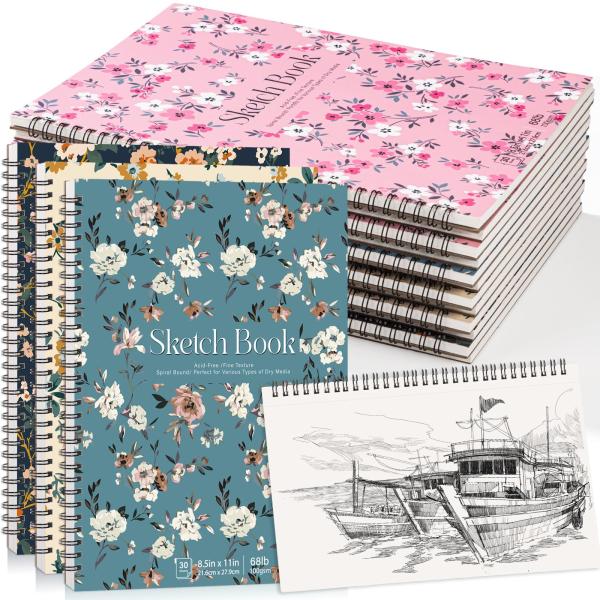 ・【プロ仕様の8.5×11インチのスケッチブックセット】プレミアムスケッチブック12冊(8.5インチ×11インチ)、100gsmの中性紙30枚。 グラファイト、インク、木炭の細い線を捉える上質な質感。 スパイラル綴じの8.5×11インチのス...