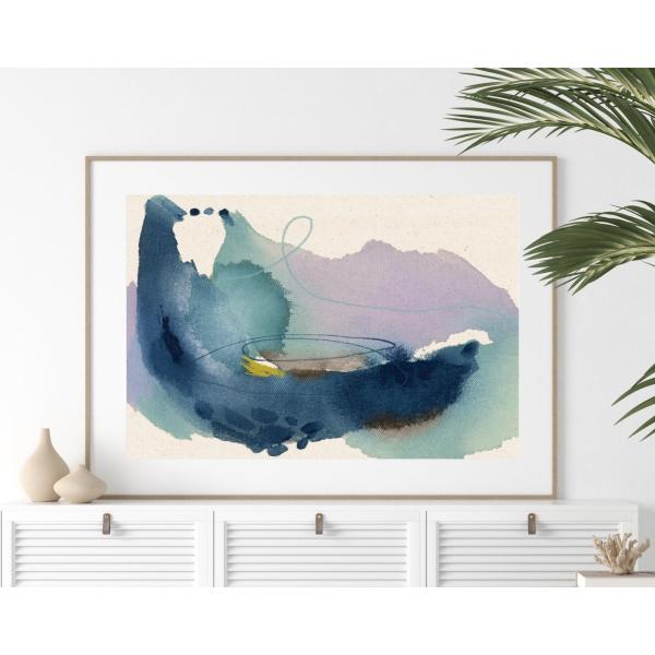 ・Neutral coastal palette with blue, taupe, and cream tones to complement modern interiors・Abstract watercolor design add...