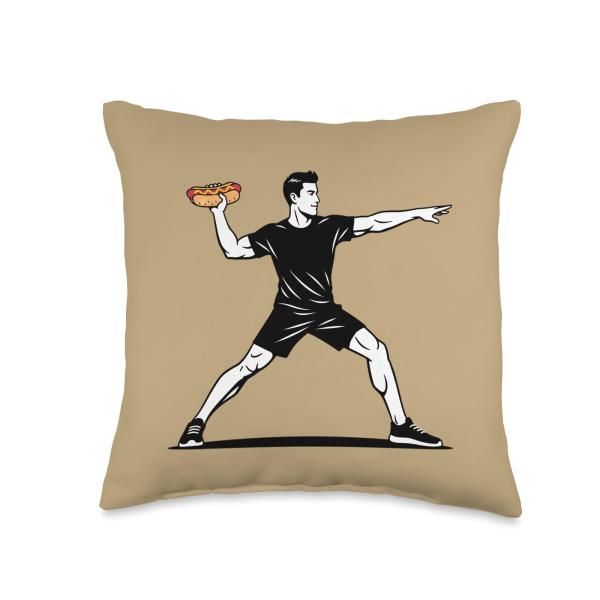 ・Bold graphic of a pitcher-style pose launching a giant hot dog , dog lovers who love BBQs, tailgates and cheeky pet pun...