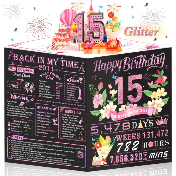 ・15th Birthday Pop Up Card: This cute 15th birthday pop up card is mini-masterpiece displays a beautiful 3D pop-up desig...