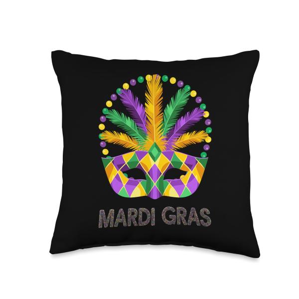 ・Festive design with a harlequin Mardi Gras mask, colorful feathers, and classic Carnival beads. Great for celebrating p...