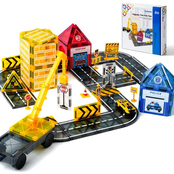 ・Build ＆ Play Construction Fun - Comes with 55PCS including road tiles, magnetic crane, cars, traffic signs, and themed ...