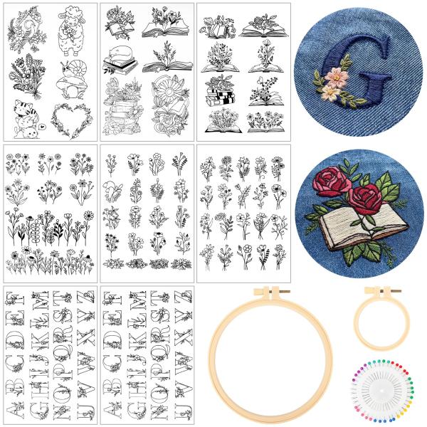 ・【8 Sheets,116 Styles】8 water soluble embroidery patterns (2 alphabet + 6 floral/animal),116 designs-ideal for personali...