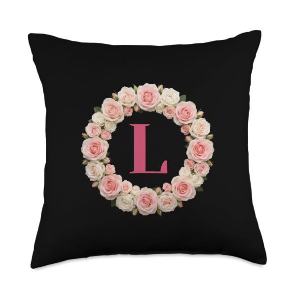 ・Elegant Letter L monogram initial with a floral wreath with soft pink and white roses, ideal for lovers of vintage, bot...