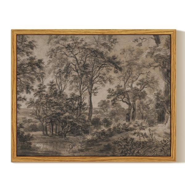 ・Classical Wall Art Decor : The drawing captures a serene forest scene, rendered in monochrome tones that evoke a timele...