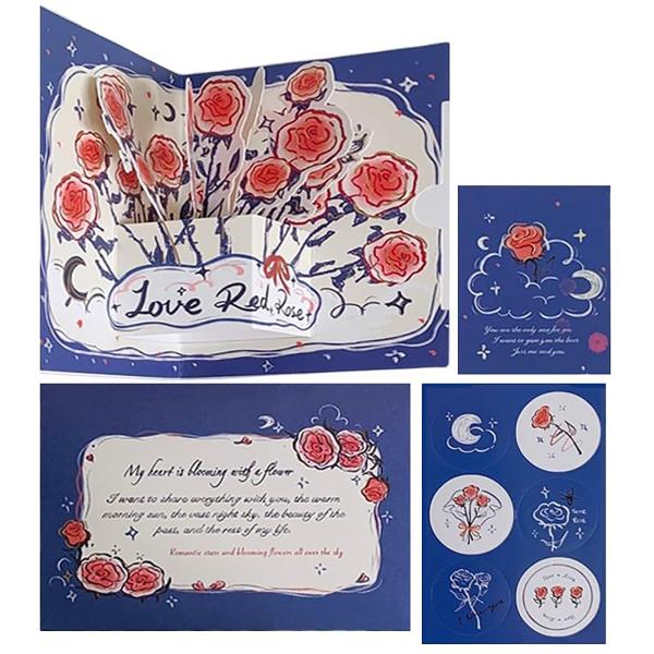 ・Design: This greeting card features intricate paper flowers and roses arranged in a 3D pop-up design. When opened, the ...