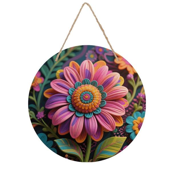 ・Premium Round Wall Art - Vivid patterns and sturdy wooden frame,Retro Hippie Flower this wall hanging decor arrives rea...