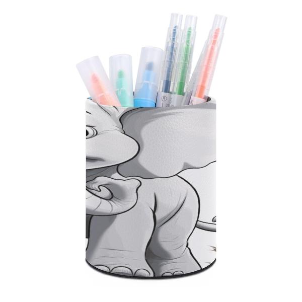 ・1. Premium Material Composition: This round White Elephant pen cup features a sleek exterior crafted from PU leather, p...