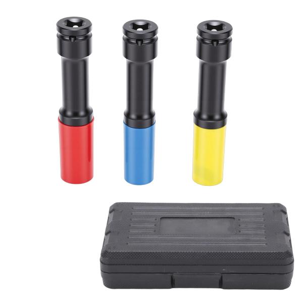Yechiry製の差込角1/2インチ・薄肉エクストラロングディープソケットセット3本組（17/19/21mm）。ホイールハブ・スタッドボルト着脱に特化した中空ピン構造で長いハブボルトを収容可能。薄肉設計で狭いホイールウェルやブレーキキャリパ...