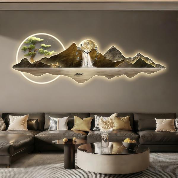・Modern 3D Wall Decor: A sweeping mountain silhouette anchors this piece, accented by pine trees, boat and birds in flig...