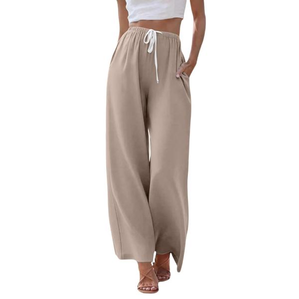 ・These women's solid color high-waist wide-leg pants are crafted from smooth, lightweight fabric, featuring an elastic d...
