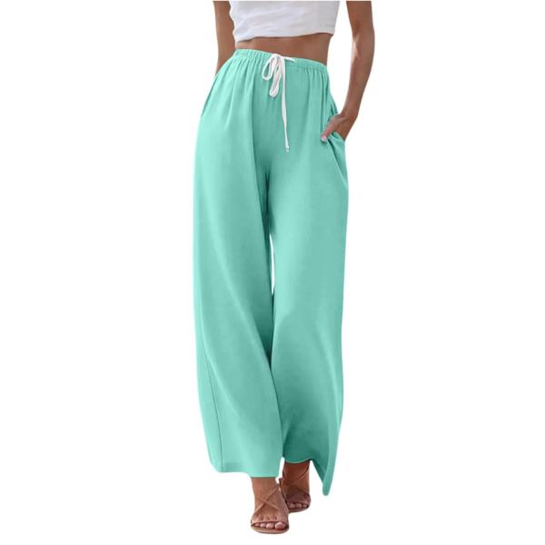 ・These women's solid color high-waist wide-leg pants are crafted from smooth, lightweight fabric, featuring an elastic d...