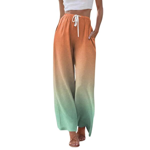 ・These women's solid color high-waist wide-leg pants are crafted from smooth, lightweight fabric, featuring an elastic d...