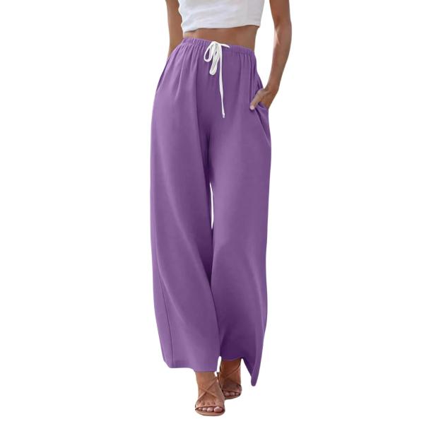 ・These women's solid color high-waist wide-leg pants are crafted from smooth, lightweight fabric, featuring an elastic d...