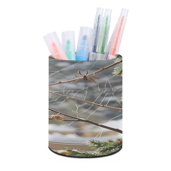 ・1. Material Composition: This round Halloween Spider Web pencil holder is crafted with PU leather on the surface, paire...