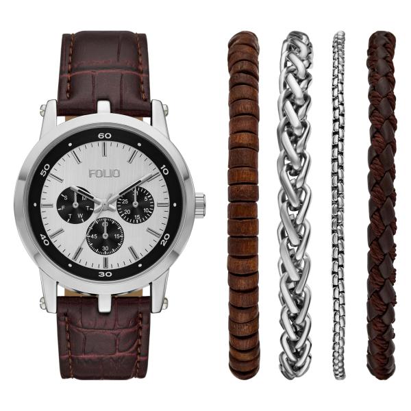 ・A textured white dial is framed by a silver-tone round case and paired with a brown strap, finished with a practical bu...