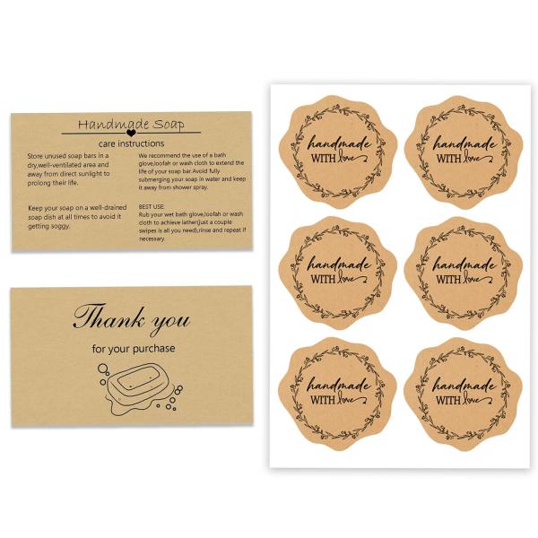 ・1.All-in-One Soap Packaging Solution Includes 50 care instruction cards, 50 thank you cards, and 100 "Handmade With Lov...