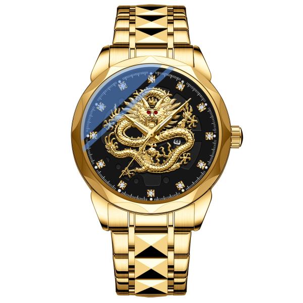 ・[Cultural Craftsmanship Design]: This watch showcases intricate golden dragon motifs carved on the dial, complemented b...