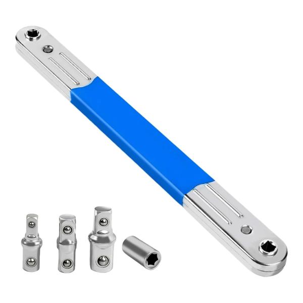 ・Versatile ratchet spanner set includes 1/2", 1/4", and 3/8" square adapters for various applications.・Offset design all...