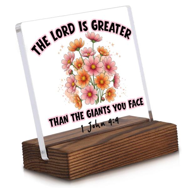 ・「The Lord is Greater」信仰の言葉：キリスト教の祈りをインスパイアするポジティブなメッセージが日々のモチベーションを高めます。＆lt;br＆gt;・コンパクトなアクリルデスクサイン：約10×10cm（4×4インチ）。ヴィ...