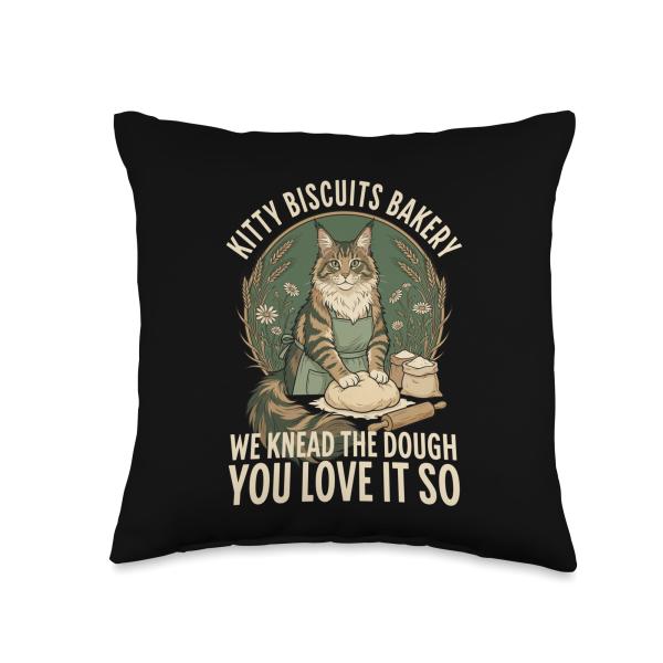 ・A stunning, full-color illustration of a fluffy Maine Coon cat wearing a green apron while kneading dough. Surrounded b...