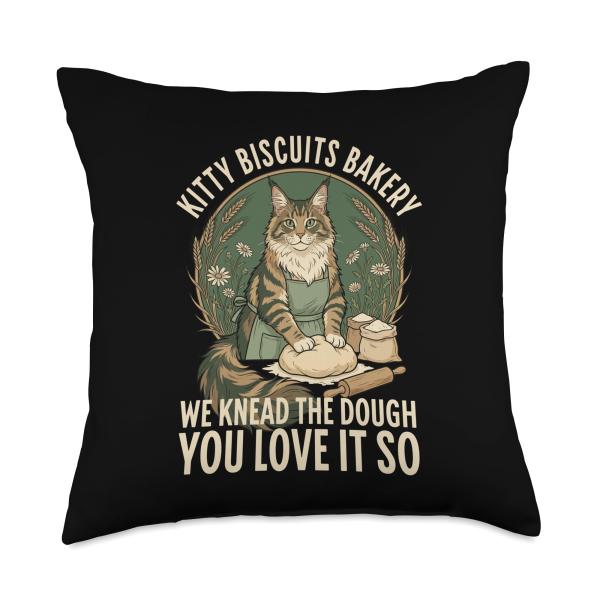 ・A stunning, full-color illustration of a fluffy Maine Coon cat wearing a green apron while kneading dough. Surrounded b...